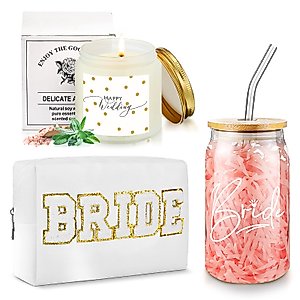 3 Pcs Bride To Be Gifts Box, Bridal Shower Bachelorette Gifts for Bride, Bride Cup Glass 16.9 oz Happy Wedding Scented Bride Candle White Bride Makeup Bag Wedding Gift Engagement Gifts for Women Her