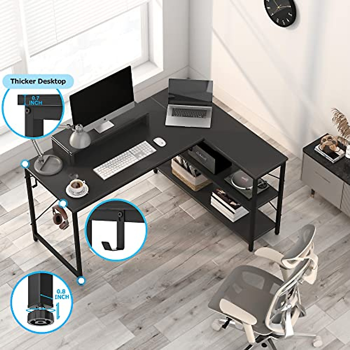 47 INCH L Shaped Computer Desk with Storage Shelves, Heavy Duty Home Office Desks with Monitor Stand, Corner Desk for Small Space Bedroom, Study Writing Workstation PC Table, Easy to Assemble, Black