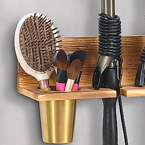 UPTRUST Wall Mount Hair Tool Organizer, Set of 2 Layer Rustic Wooden Dryer Holder Rack, Hair Product Organizer Tray for Hair Dryer with 4 Hooks