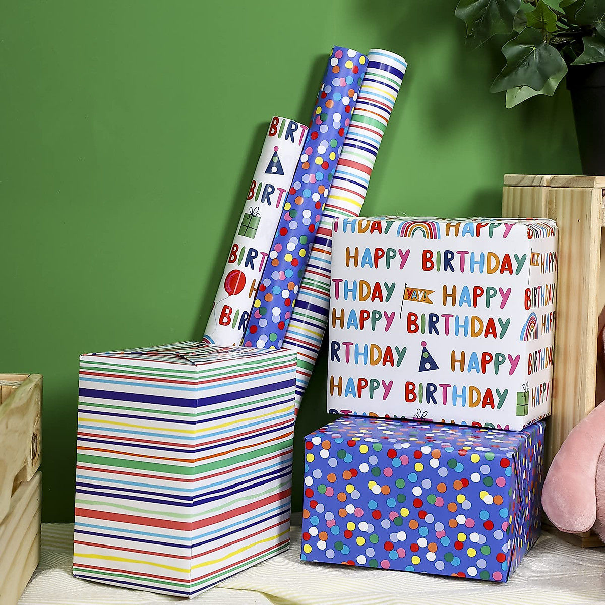 MAYPLUSS Birthday Wrapping Paper Roll - Mini Roll - 17 inch X 120 inch Per roll - Polka dots, Stripes Patterns (42.3 sq.ft.ttl)