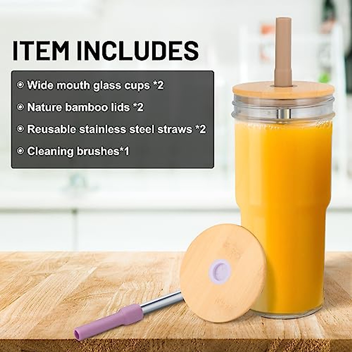 Cafezi 24oz Mason Jar Drinking Glasses with Bamboo Lids and Straws 2 Pack，Reusable Boba Cup Smoothie Tumbler Glass Bubble Tea Cup，Iced Coffee Cup，BPA Free, Dishwasher Safe
