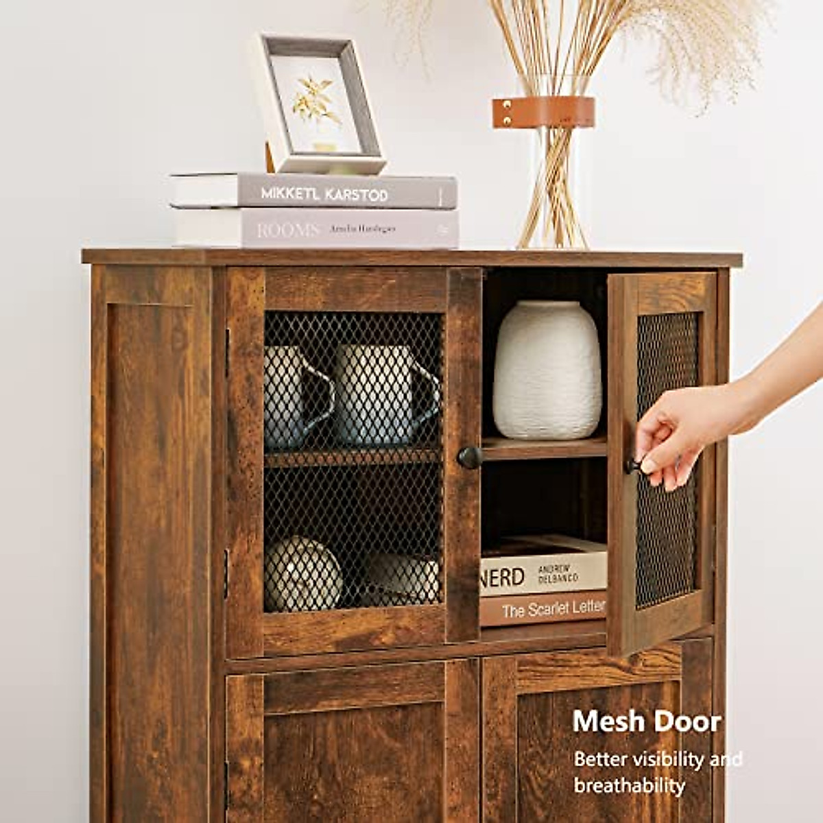 usikey Large Storage Cabinet with 4 Doors, Retro Floor Cabinet with Adjustable Shelf, 42.9”H x 23.6”L x 11.8”W, Multifunctional Cupboard, Sideboard for Bedroom, Living Room, Rustic Brown