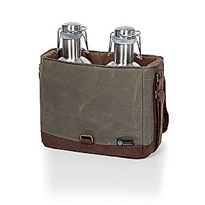 LEGACY - a Picnic Time brand Insulated Double Growler Tote with 64 oz. Stainless Steel Growlers, Beer Gifts for Men, Waxed Canvas Bag Water Bottle Carrier, (Khaki Green with Brown Accents)