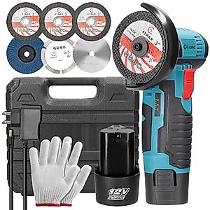 Angle Grinder Tool, Geevorks Mini Angle Grinder Cordless 12V 19500RPM with 2PCS 2000mAh Battery, Nylon Cutting Blade-s/Grinding Disc/Metal Cutting Disc