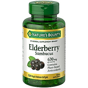 Nature's Bounty Sambucus Elderberry Herbal Supplement, Rapid Release Softgels, 630 mg per Serving, 120 Count