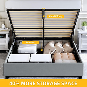 DWVO Full Size Lift Up Storage Bed Frame with Adjustable Upholstered Platform Headboard, Sturdy Wood Slats & Metal Base Support, Noise-Free No Box Spring Needed, Fast Assembly, Velvet, Grey