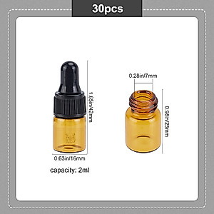 GORGECRAFT 30Pcs Glass Dropper Bottle Mini Plastic Amber Refillable Containers Empty Tincture Essential Oils Bottles for Perfumes Aromatherapy Travel Daily Supplies Accessory, 2ml