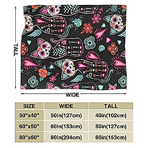 Day of The Dead Cat Kitten Sugar Skull Throw Blanket Soft Lightweight Durable Flannel Fleece Blanket 50"X40" for Bed Sofa Couch Camping Travel