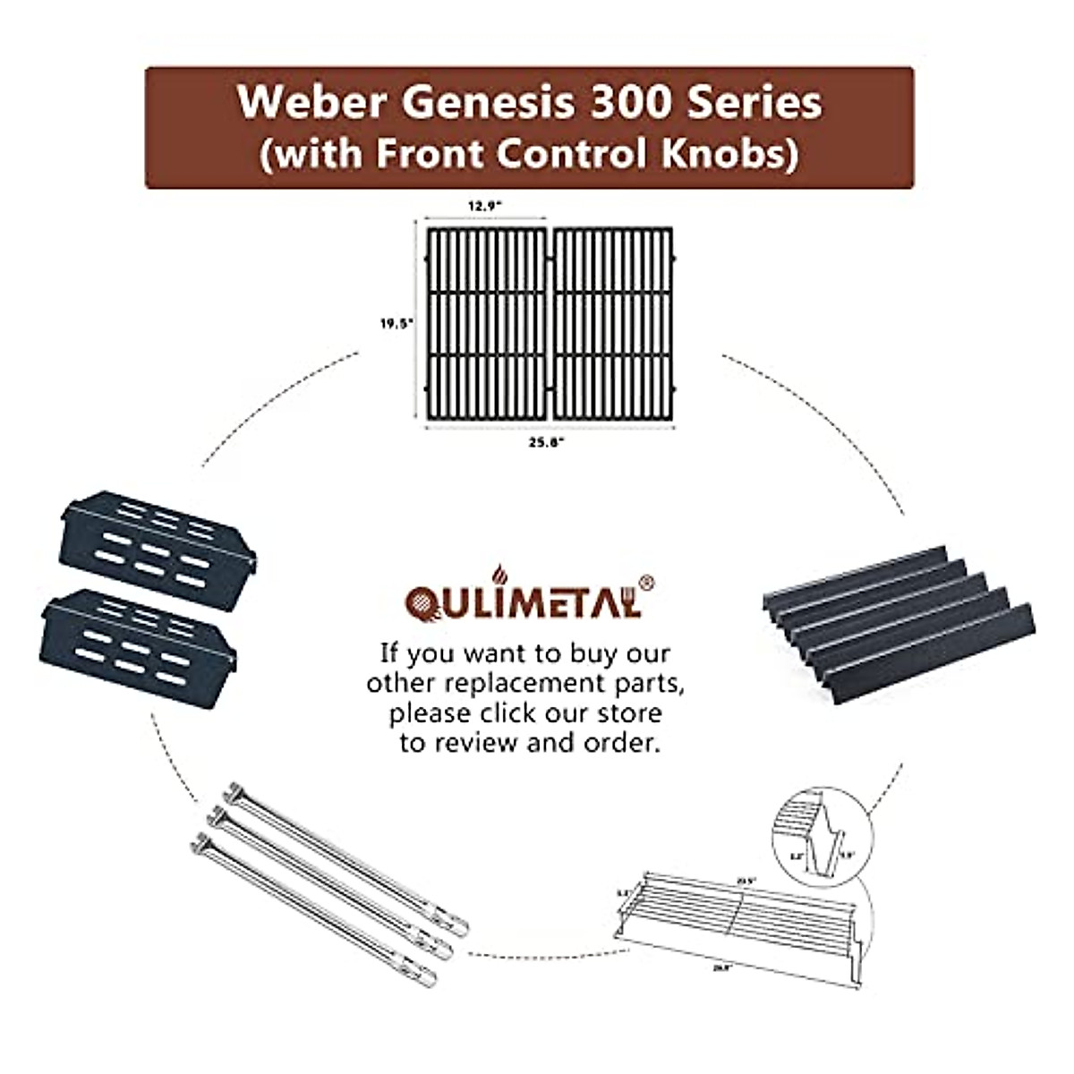 QuliMetal 7621 17.5 Inches Flavor Bars and 7622 Heat Deflector for Weber Genesis 300 Series, Genesis E310 E320 E330 S310 S320 S330 Grill Parts with Front Control Knobs (2011 & Newer)