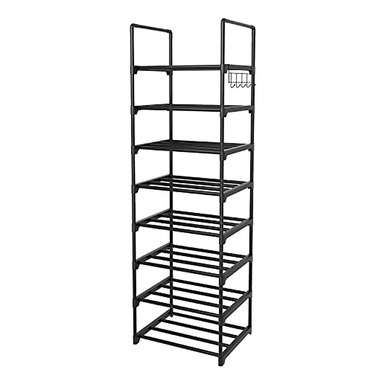 YAHAO 8 Tiers Tall Shoe Rack Narrow for Entryway, Sturdy Metal Shoe Rack Organizer with Side Hooks, Free Standing Shoe Rack for Closet