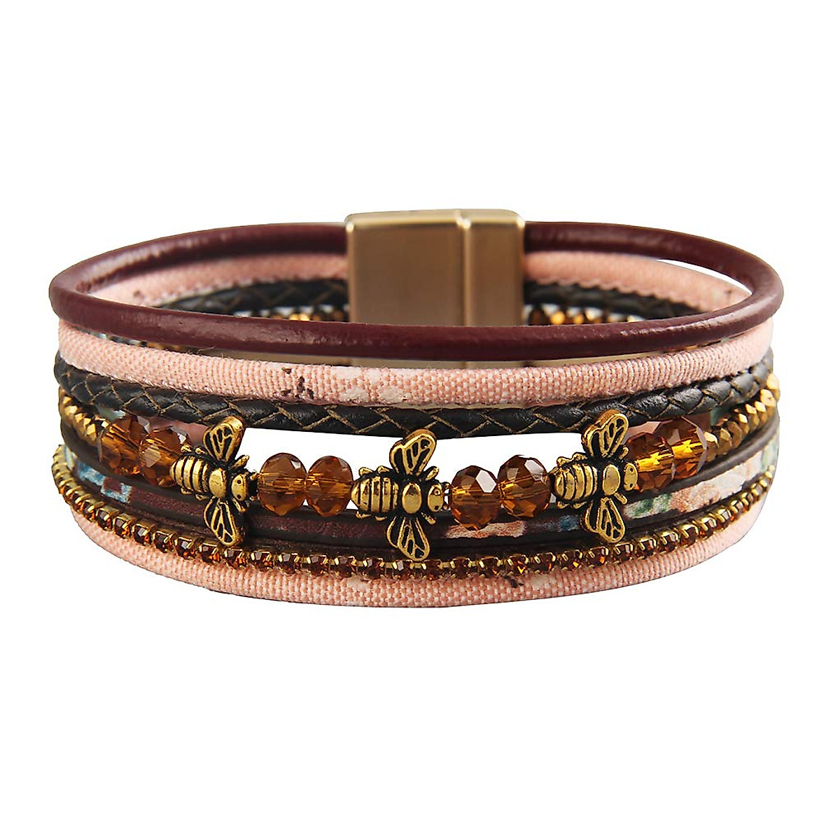 GelConnie Leather Wrap Bracelet Women's Leather Cuff Bracelets Honey Bee Multi Strand Boho Bracelet for Women