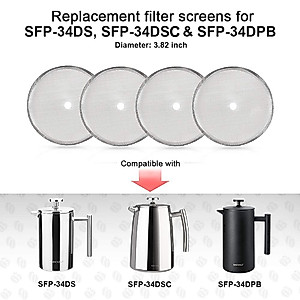 Secura French Press Replacement Screens, Stainless Steel Reusable Mesh Filter for 34 Ounce, 1 Liter, 8 Cup Coffee Press, 4 Pack
