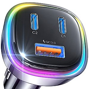 Car Charger USB C, 66W LISEN 3 USB Port [PD 36W+QC 30W] All Metal Car Charger iPhone, Fast Charging Car Adapter Colorful Lighting PD&QC 3.0 for iPhone 14 13 Pro, Samsung S23 iPad MacBook Pro Laptop