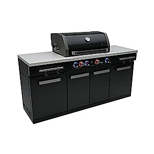 Mont Alpi MA-957 5-Burner 63000 BTU Black Stainless Steel Outdoor Kitchen Bar Gas Island Grill w/ Infrared Rear Burner + Rotisserie Kit + Granite Countertop + Storage Cabinets & Full Weather Cover