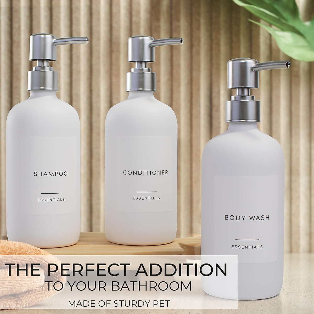 Stylish Shampoo and Conditioner Dispenser Set of 3 - Modern 21oz Shower Soap Bottles with Pump and Labels - Easy to Refill Body Wash Dispensers for an Instant Bathroom Decor Upgrade - White