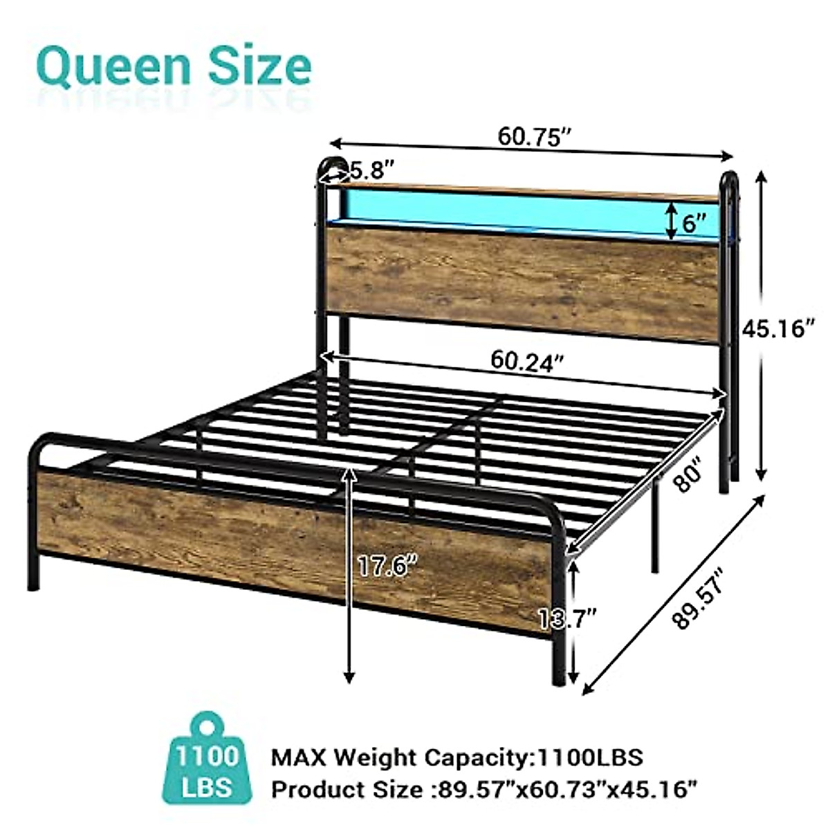 DICTAC Queen Bed Frame with Storage Headboard and Charging Station Led Bed Frame Queen Size with Headboard Storage,Metal Platform Bed Frame with LED Lights,No Box Spring Needed,Rustic Brown