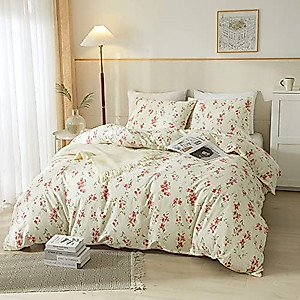 EAVD Pink Floral Duvet Cover Twin Soft 100% Cotton Aesthetic Bedding Set Chic Shabby Pink Floral Bedding Set for Girls Elegant Artistic Style Floral Comforter Set with Zipper Closure(NO Comforter)