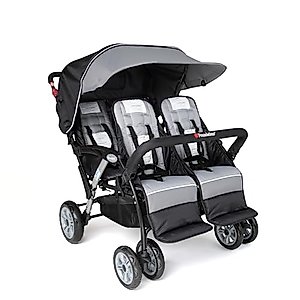 Foundations Sport Quad 4 Seat Folding Stroller with Oversized UV Blocking Canopy, 5-Point Harness for Added Safety, Easy Loading, Storage Bucket (Gray)
