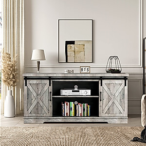 GAOMON Farmhouse TV Stand - Modern Entertainment Center for 65 Inch TVs, Barn Door Console Table with Storage & Shelves - Grey Living Room Furniture