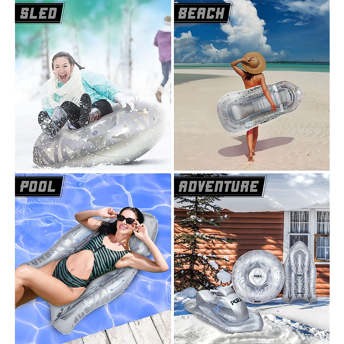 POZA Inflatable Silver Snow Tubes Collection - Silver Snow Sled Tube, Snowmobile, Boogie Sled with Handles and Snowflake Confetti, Cold Resistant Heavy Duty PVC Tube Sled for Adults and Kids - 3 Piece