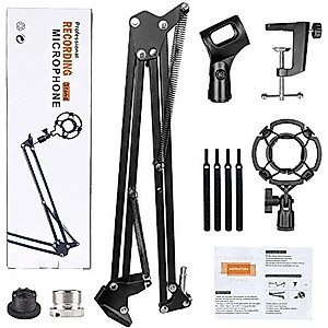 Eastshining Upgraded Adjustable Microphone Suspension Boom Scissor Arm Stand with Shock Mount Mic Clip Holder 3/8'' to 5/8'' Screw Adapter -for Blue Yeti, Snowball & Other Microphones
