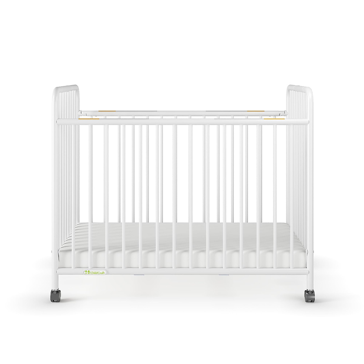 Child Craft Little Dreamer Metal Compact Folding Portable Crib with 2” Crib Mattress and 2 Easy Roll Locking Wheels, Durable Metal Construction, Easy to Clean (White)