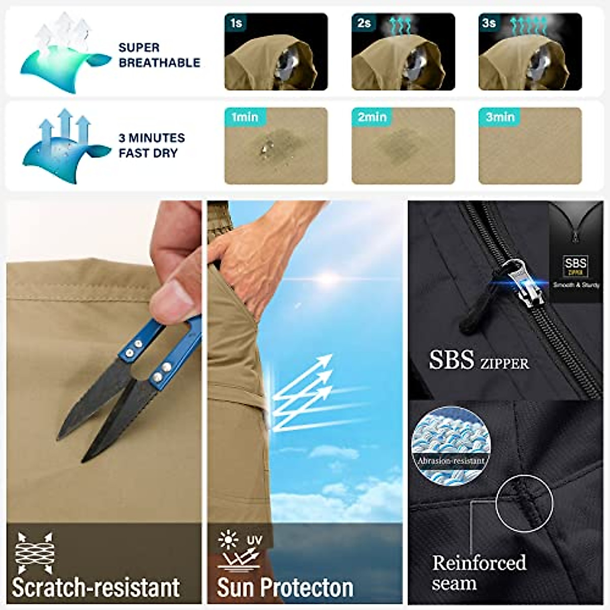 Mens Hiking Stretch Pants Convertible Quick Dry Lightweight Zip Off Outdoor Travel Safari Pants (818 Khaki 32)