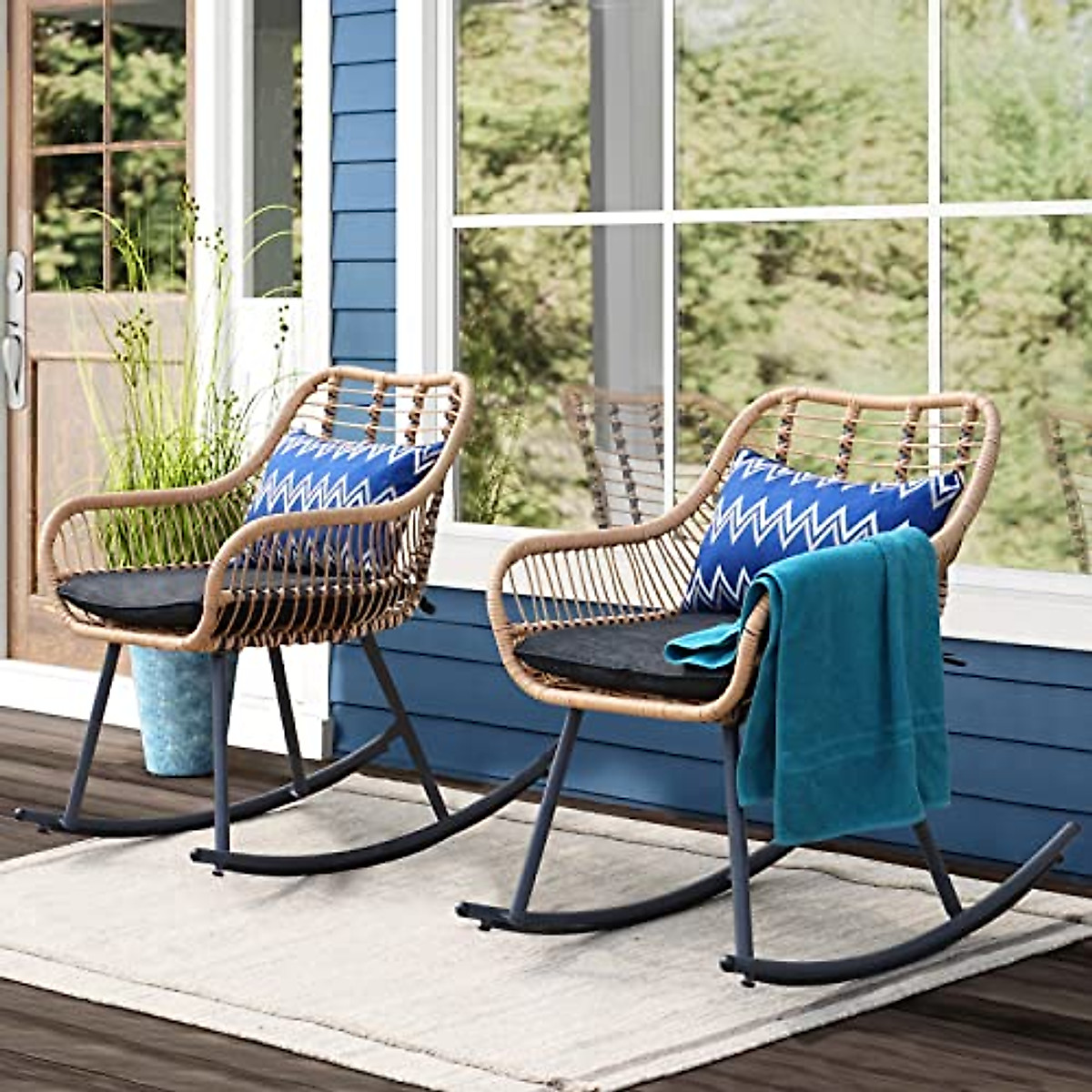 Verano Garden Set of 2 Patio Rocking Chairs Set, All Weather Outdoor Bistro Chairs, Natural Wicker Chairs Set for Balcony, Deck, Porch