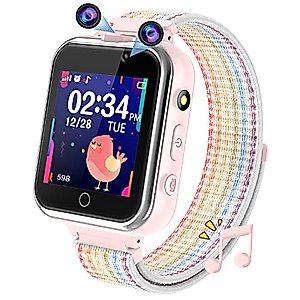 PTHTECHUS Kids Game Smart Watch for Boys and Girls,Smartwatch with 24 Puzzle Games Nylon Strap Dual Cameras Touch Screen Music Player Pedometer Multi-Function for 4-12 Years Children Gifts-Pink