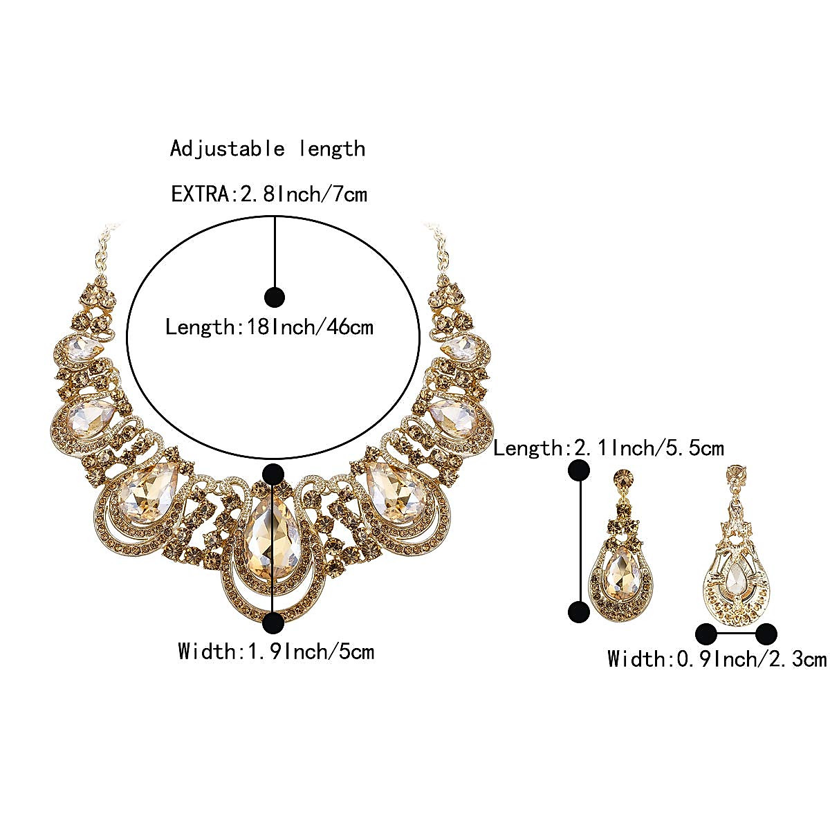 BriLove Costume Fashion Jewelry Set for Women Crystal Teardrop Hollow Scroll Statement Necklace Dangle Earrings Set Champagne Gold-Toned