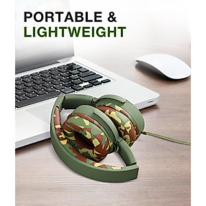 rockpapa Camo Wired Headphones with Microphone, Lightweight Foldable Stereo Bass Headphones with No-Tangle Cord & 3.5mm Jack for Adult/Kid, Laptop Airplane Chromebooks Green Camouflage