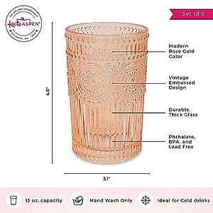 Vintage Textured Rose Gold Striped Drinking Glasses Set of 6, (13 oz) Ribbed Glassware Set | Cocktail Set, Ice Tea Glasses, Juice Glass, Water Cups