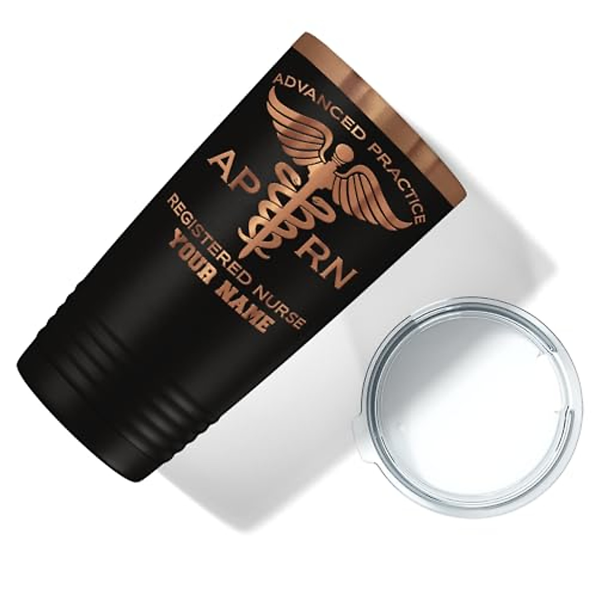 Personalized APRN Advanced Practice Registered Nurse on Black with Ion Rose Gold Design 20 oz Stainless Steel Tumbler with Lid - Insulated Cup - Custom Travel Mug