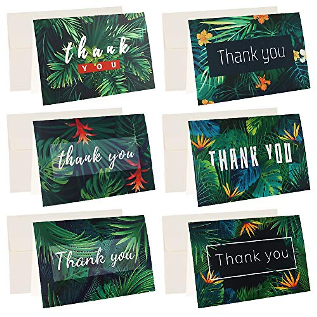 HANSGO Tropical Palm Leaves Thank You Cards, 24 PCAK Thank You Cards with Envelopes Summer Green Leaves Designs Blank Cards Handwritten Style