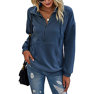 PRETTYGARDEN Women’s Casual Long Sleeve Lapel Zipper Sweatshirt Drawstring Loose Pullover Tops Dark Blue