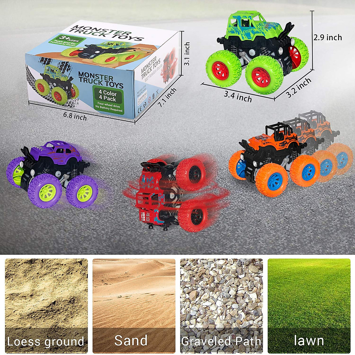 taessv Monster Truck Toys - Friction Powered Toy Cars Push and Go Vehicles for Kids Best Christmas Birthday Party Gift for Boys Girls Aged 3 and Above 4-Pack