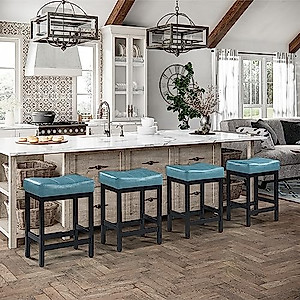 KATDANS Bar Stools Set of 2, 24" Counter Height Saddle Bar Stools, Upholstered PU Leather Bar Stools for Kitchen Island, Mid Century Modern Backless Barstools with Metal Base, KS861P-Teal, 2Pcs