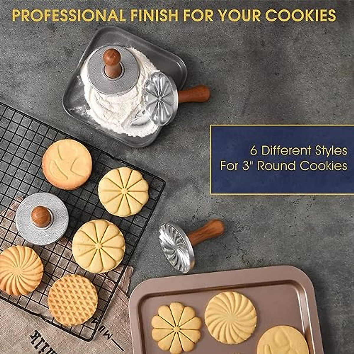 OPPEIN Cookie Stamps Set of 3, Metal Cookie Press Cutter Mold with Wooden Handle, Cookie Decorating Supplies for DIY Baking, Cake, Pastry, Gift Package
