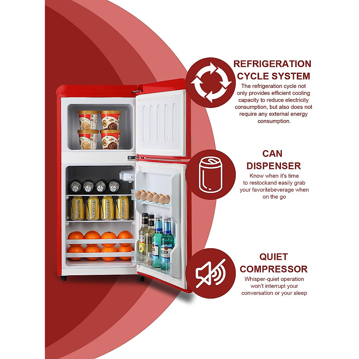 KRIB BLING 3.5 Cu.Ft Refrigerator 2 Door 7 Level Adjustable Thermostat Control Top-Freezer Refrigerator Lock Fresh Energy Saving Red (KB03-FLS-80G-RED)