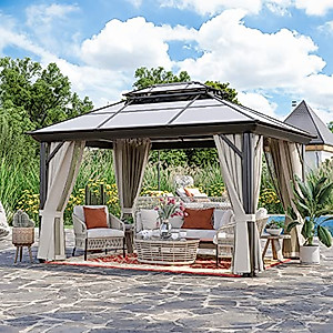 GAZEBEST 10' X 13' Permanent Hardtop Gazebo, Outdoor Polycarbonate Double Roof Pavilion Pergola Canopy with Aluminum Frame and Privacy Curtains for Patio, Garden, Backyard, Lawn