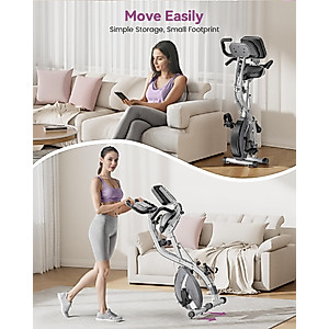 PLENY Folding Exercise Bike, Indoor Stationary Bike 16-Level Magnetic Resistance with Arm Resistance Band, Back Support Cushion Workout Bike for Home Workout Gym - Gray