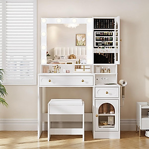 Mauqvit Vanity Desk with Mirror and Light，Vanity Desk with 2 Large Drawers, 2 Large Storage，Charging Station and 10 Lights 3 Lighting Modes Adjustable Brightness Dresser, White