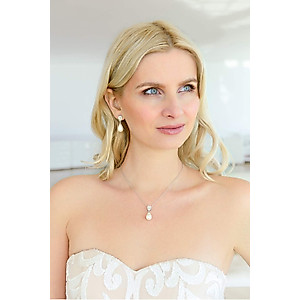 Mariell Pearl Drop Bridal Necklace and Earrings Set with CZ Crystals for Bride, Wedding, Birthday Gift