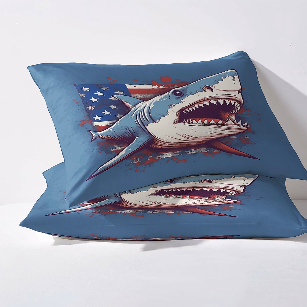 Shark Sheets Full Size, American Flag Bed Sheets, Patterned Bedding Sheets & Pillowcases 4 Piece Set - Soft Microfiber Deep Pocket Fitted Sheet & Flat Sheet & 2 Pillow Cases L8-&-191