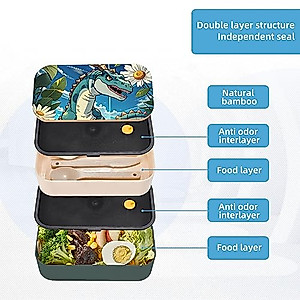 Cute Dinosaur Adult Lunch Box, Bento Box, With Cutlery Set Of 3, 2 Compartments, Rectangular, Lunch Box For Adults