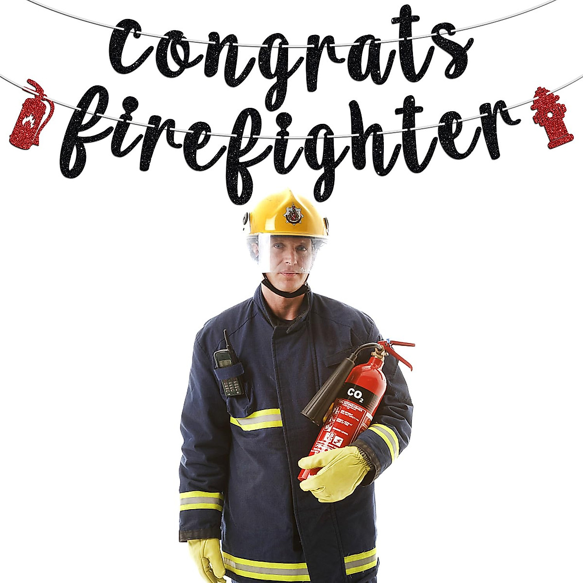 Congrats Firefighter Banner, Class of 2024/Congrats Grad, Fire Department Graduation Party Decoration Supplies for Fireman, Black Glitter