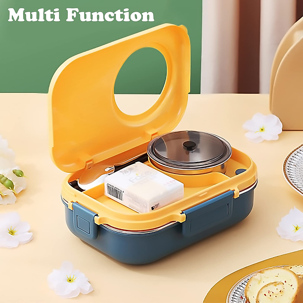 LANSKYWARE Stainless Steel Bento Box with Insulated Lunch Bag, 900 ml Lunch Box & 200 ml Soup Bowl, Blue & Yellow