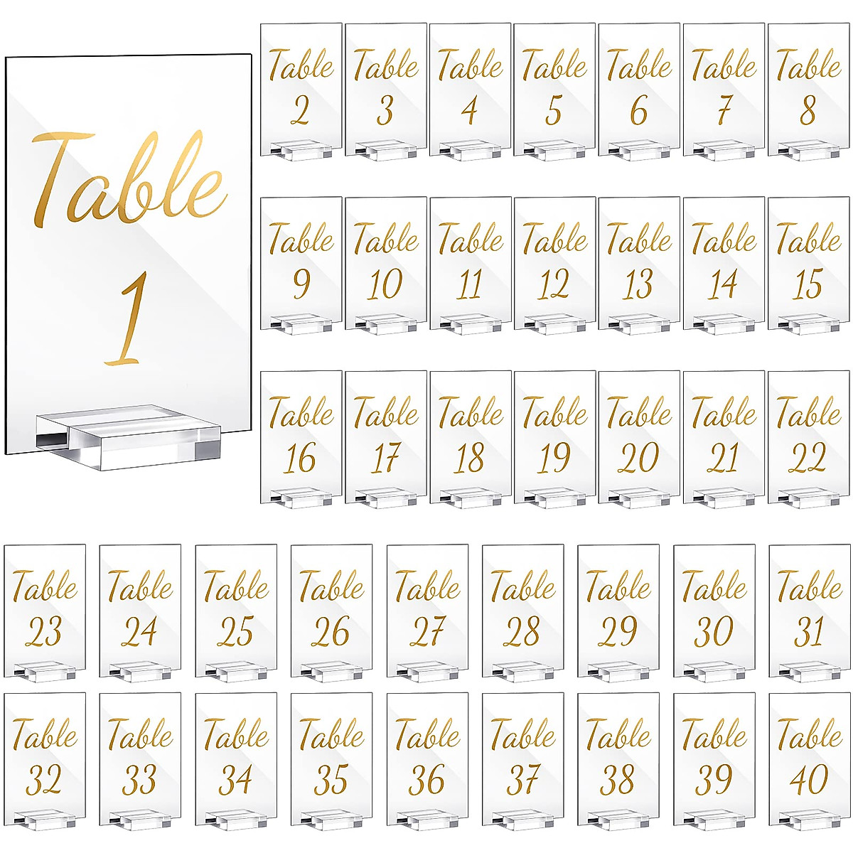 40 Pack Gold Acrylic Wedding Table Number 1-40 Clear Wedding Table Stand with Numbers Calligraphy Table Number Holders 4 x 6 Inch Acrylic Table Signs for Wedding Reception Centerpieces Decorations