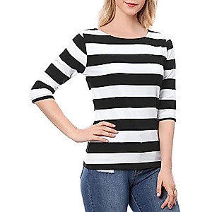 Allegra K Women's Halloween Elbow Sleeves T-Shirt Top Casual Basic Boat Neck Slim Fit Tee Medium Black White