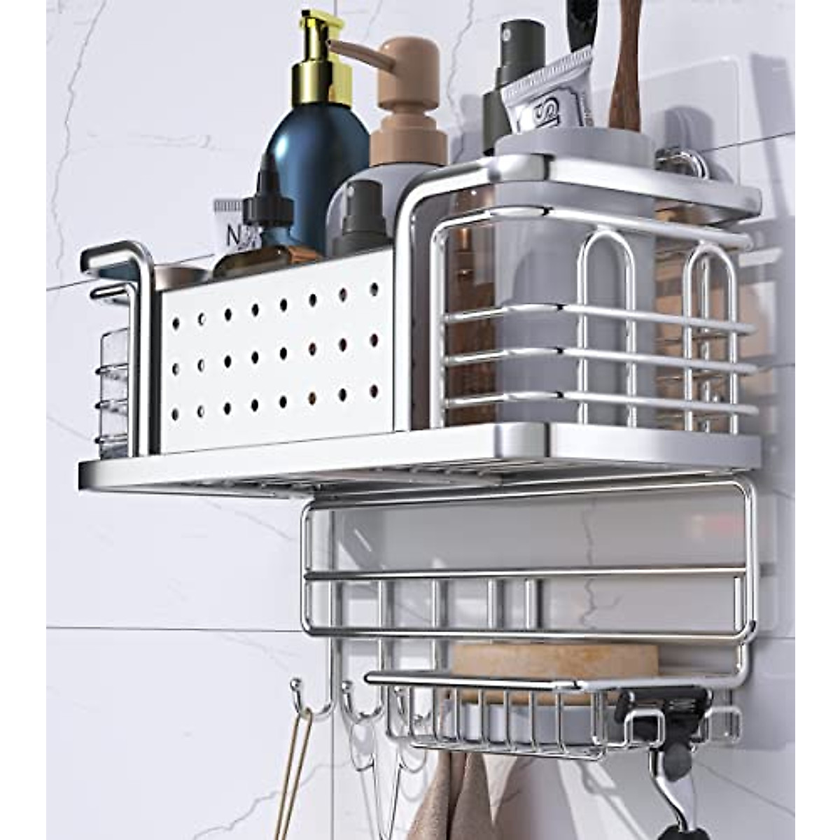 LIVOD Adhesive Shower Caddy with Soap Holder, Stainless Steel Shower Organizer with Hook, Wall Mount Rustproof Shower Shelf for Inside Shower, Polished SS